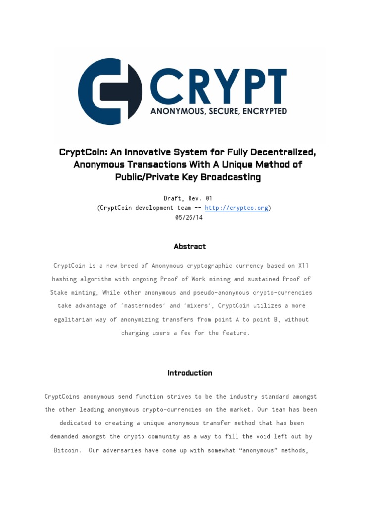 CryptCoin: CryptCast Anonymous Sending Whitepaper - Rev 01 | PDF | Cryptocurrency | Public Key ...