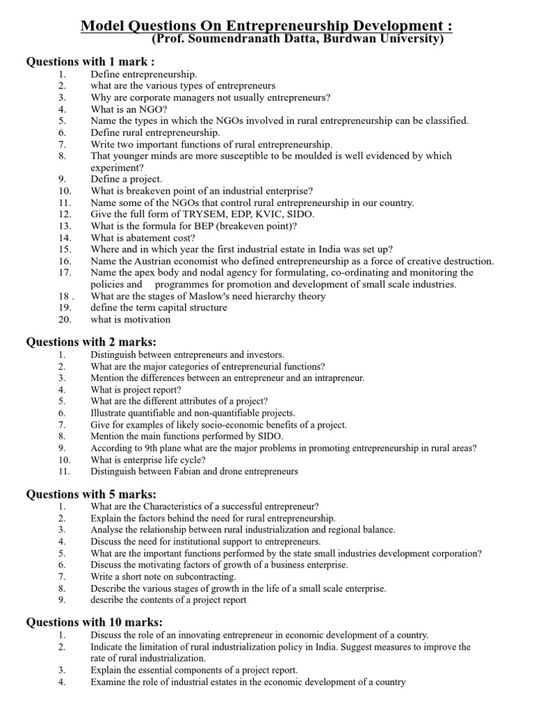 Entrepreneurship Development Model Questions | PDF | Entrepreneurship ...