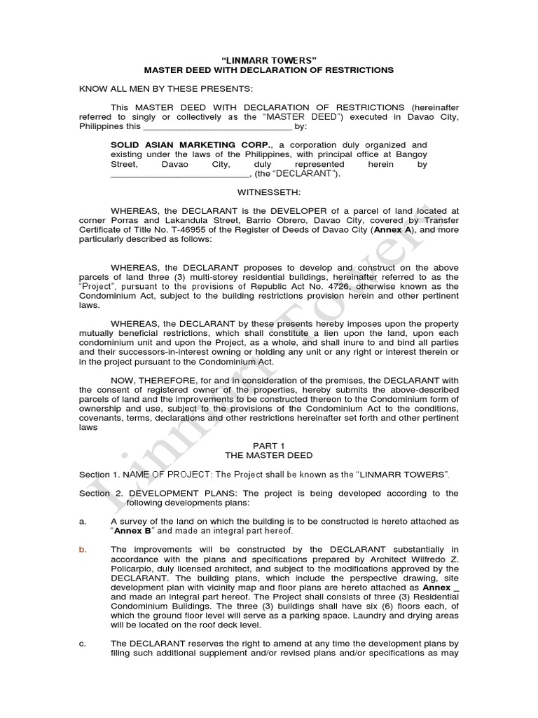 Master Deed and Declaration of Restrictions | Mortgage Law | Foreclosure