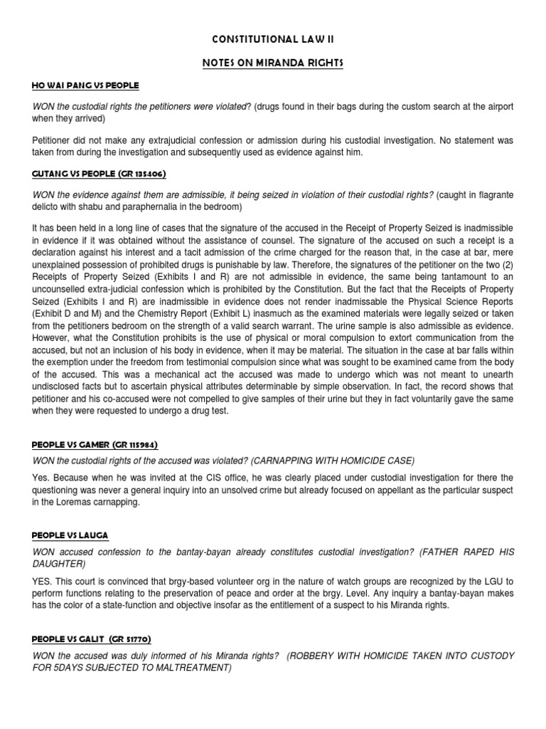 Notes On Miranda Rights | PDF | Confession (Law) | Miranda Warning