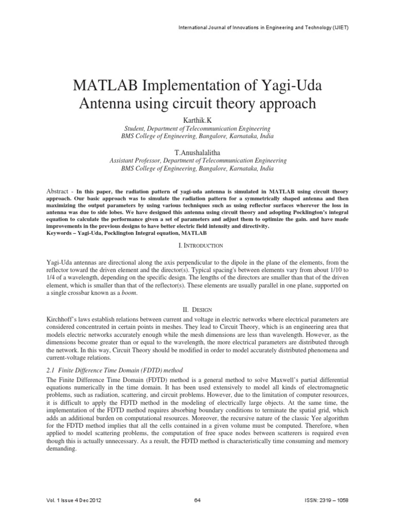MATLAB Implementation of Yagi-Uda Antenna Using Circuit Theory Approach | PDF | Computational ...