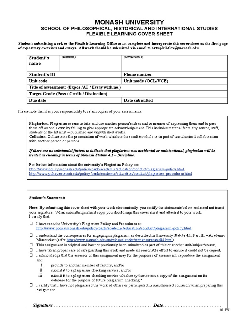 Monash Flexible Learning Cover Sheet | PDF | Plagiarism | Social ...