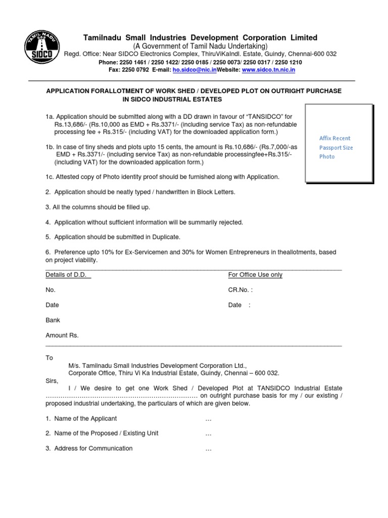TANSIDCO Application for Land Allotment | PDF | Sales | Expense