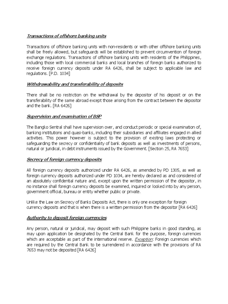 Transactions of Offshore Banking Units: Exception | PDF | Deposit ...
