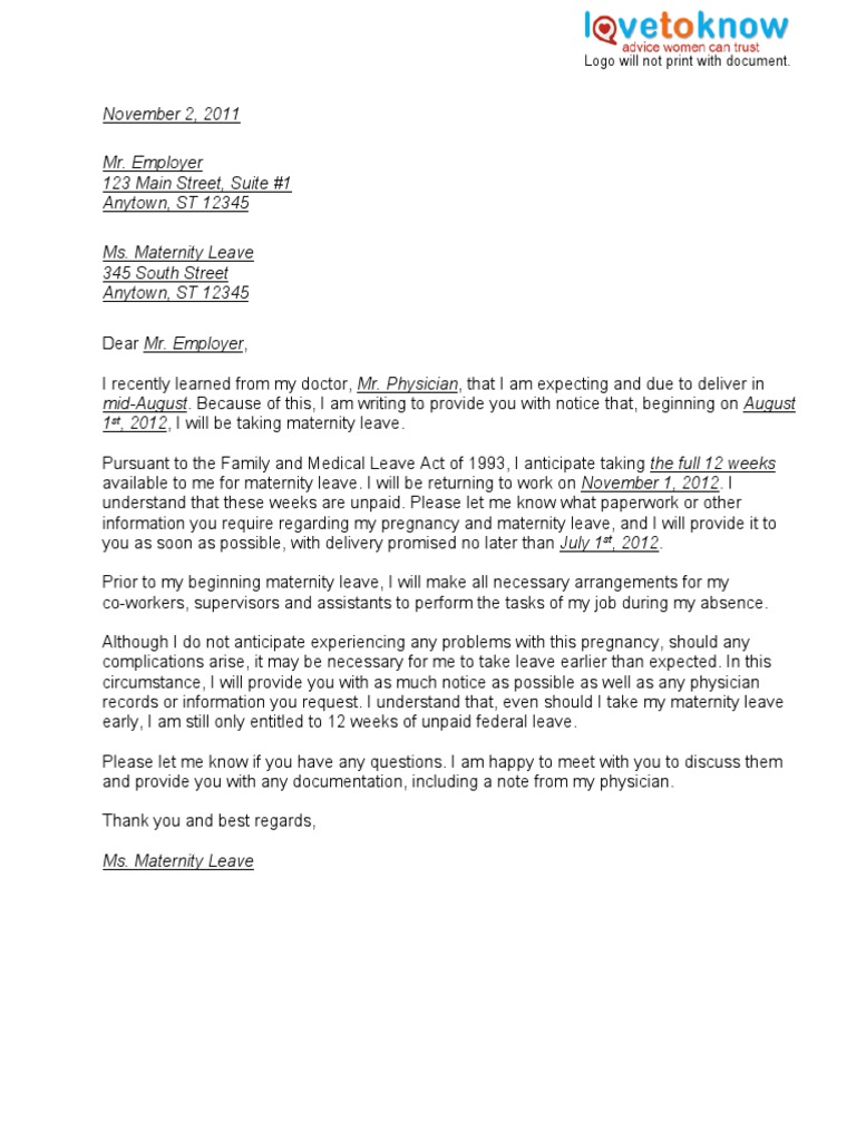 Maternity Leave Letter | PDF | Parental Leave | Family And Medical ...