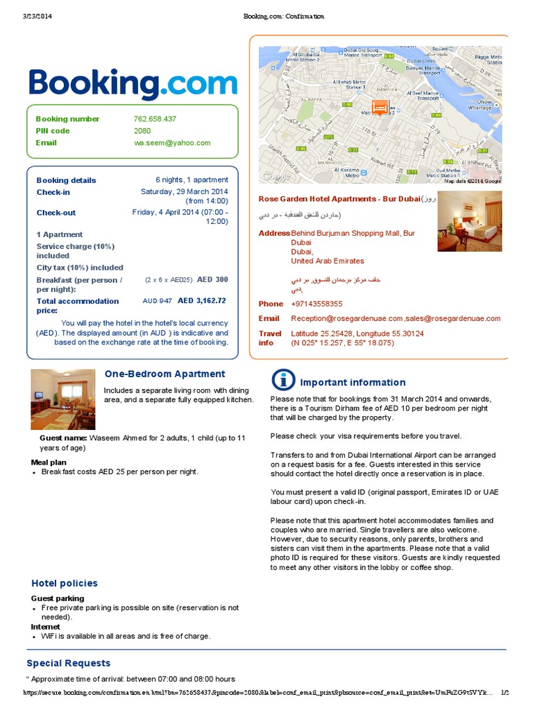 Booking Number PIN Code Email: Booking Details Check in Check Out ...