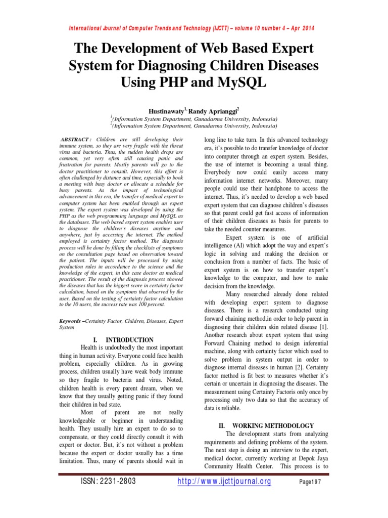 The Development of Web Based Expert System For Diagnosing Children Diseases Using PHP and MySQL ...