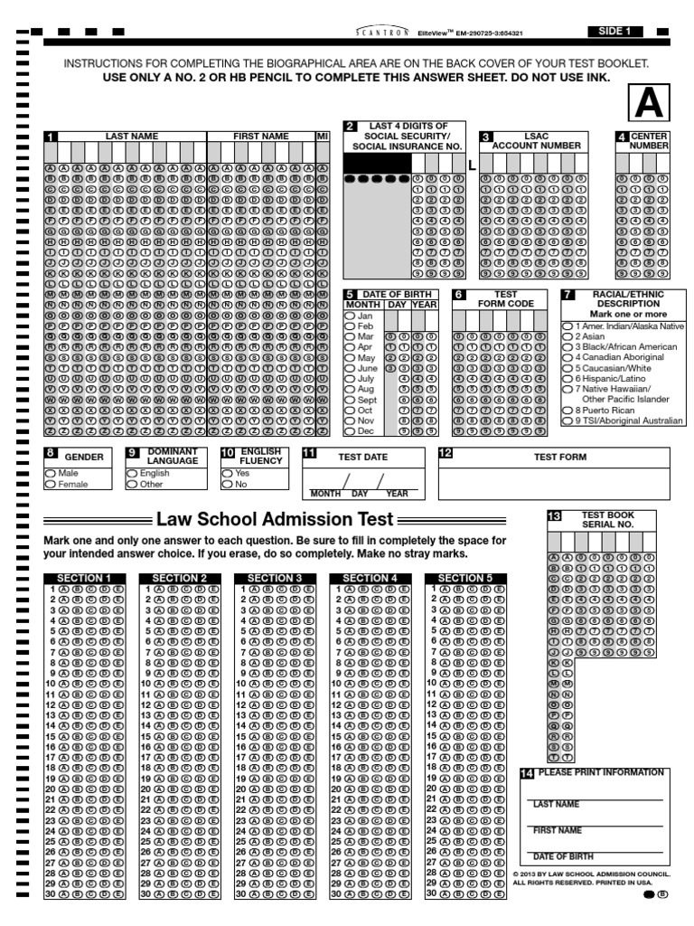 Answer Sheet LSAT | Law School Admission Test | Race And Ethnicity In ...