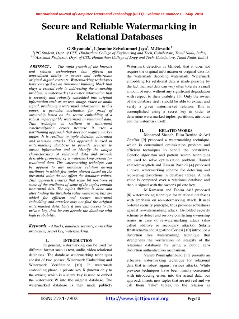 Secure and Reliable Watermarking in Relational Databases | PDF | Relational Database | Databases
