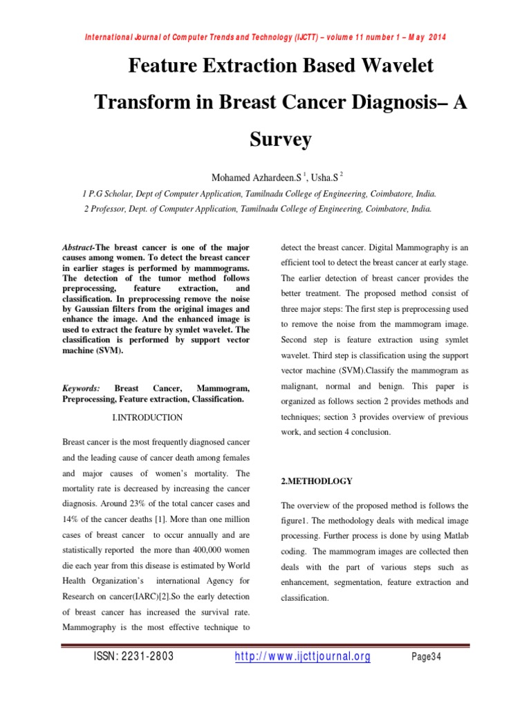 Feature Extraction Based Wavelet Transform In Breast Cancer Diagnosis A Survey Pdf Support