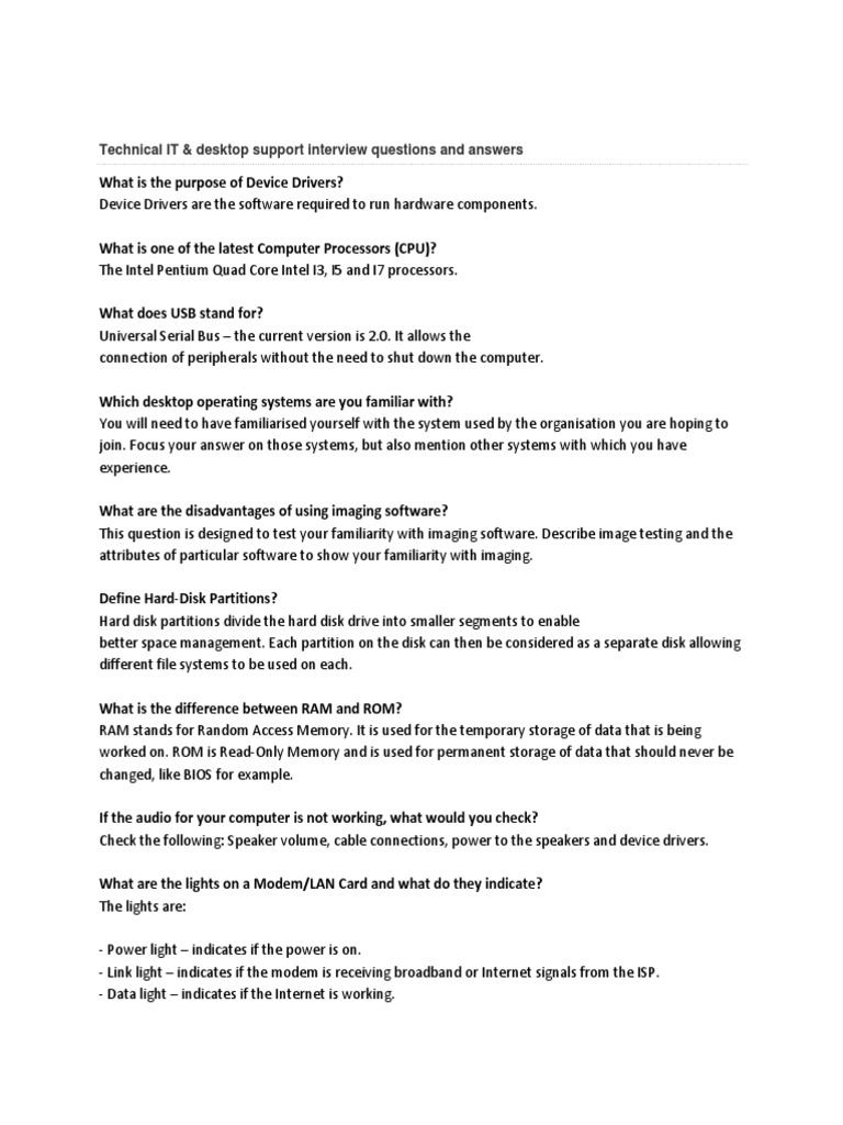 Technical IT & Desktop Support Interview Questions and Answers | PDF ...