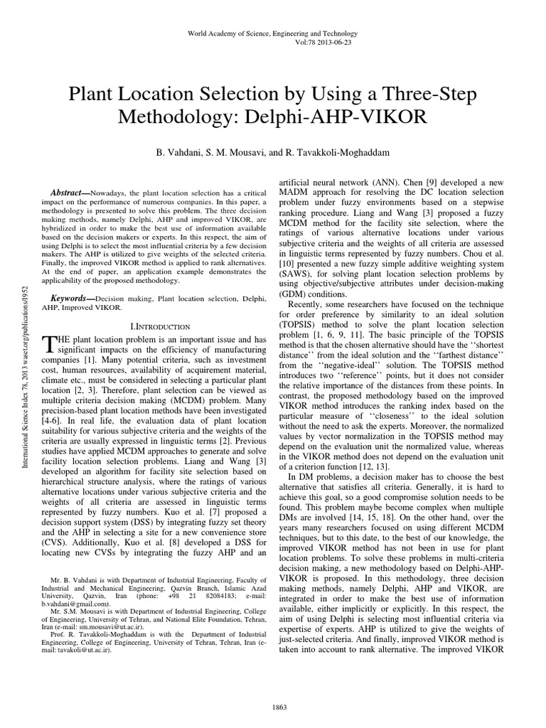Plant Location Selection Methodology | PDF | Decision Making | Analysis