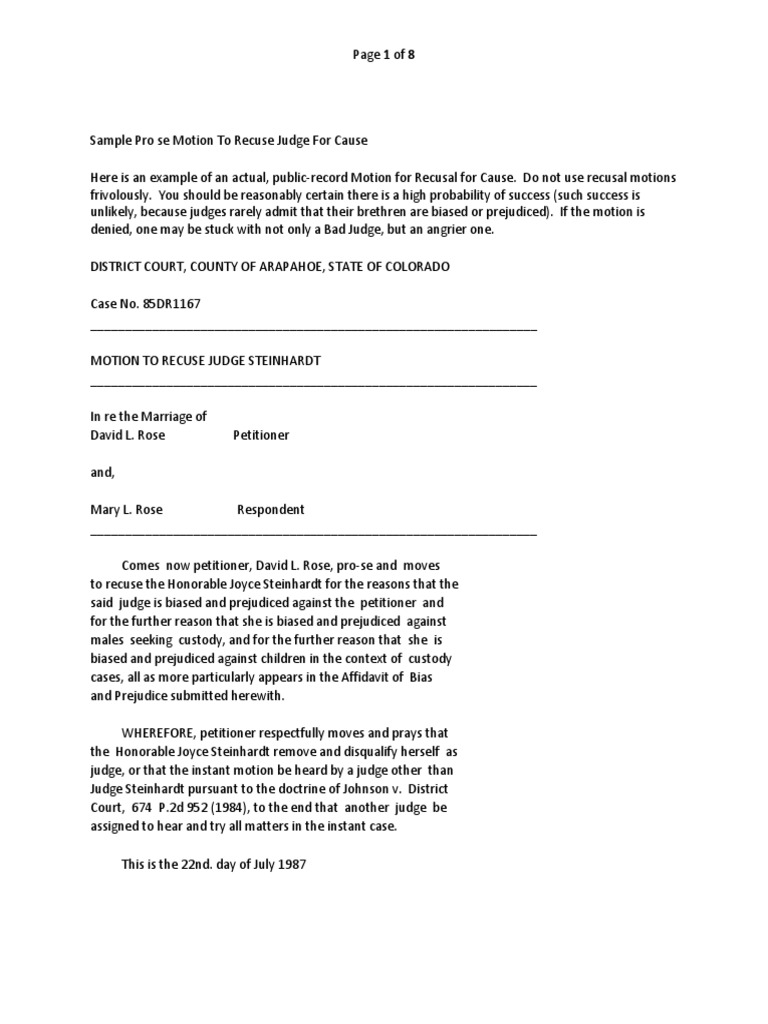 Sample Pro Se Motion To Recuse Judge For Cause | PDF | Judicial ... Sample Pro Se Motion To Recuse Judge For Cause | PDF | Judicial ...