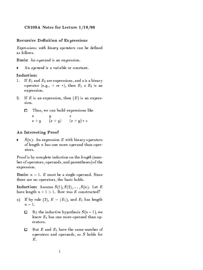 CS109A Notes For Lecture 1/19/96 Recursive Denition of Expressions ...