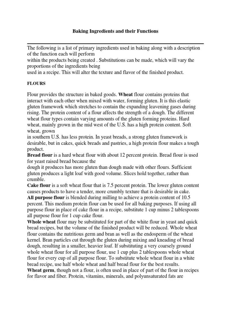 Baking Ingredients and Their Functions | PDF | Flour | Sugar Substitute
