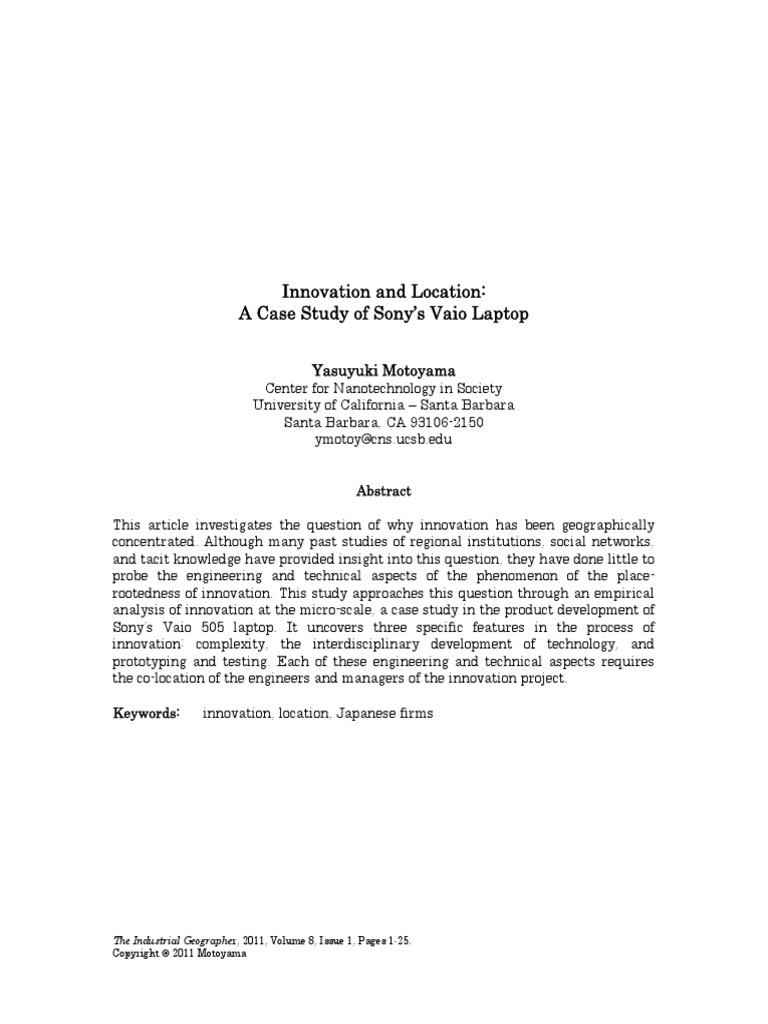Innovation and Location: A Case Study of Sony's Vaio Laptop: Yasuyuki Motoyama | PDF | Sony ...