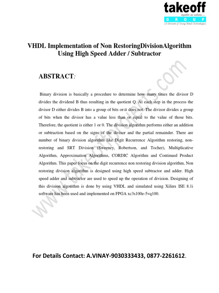 Vhdl Implementation Of Non Restoring Divisionalgorithm Using High