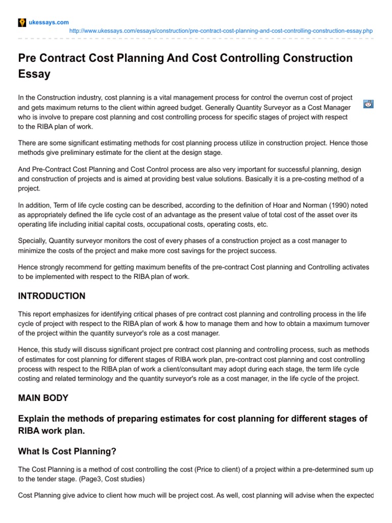 Pre Contract Cost Planning and Cost Controlling Construction Essay PDF ...