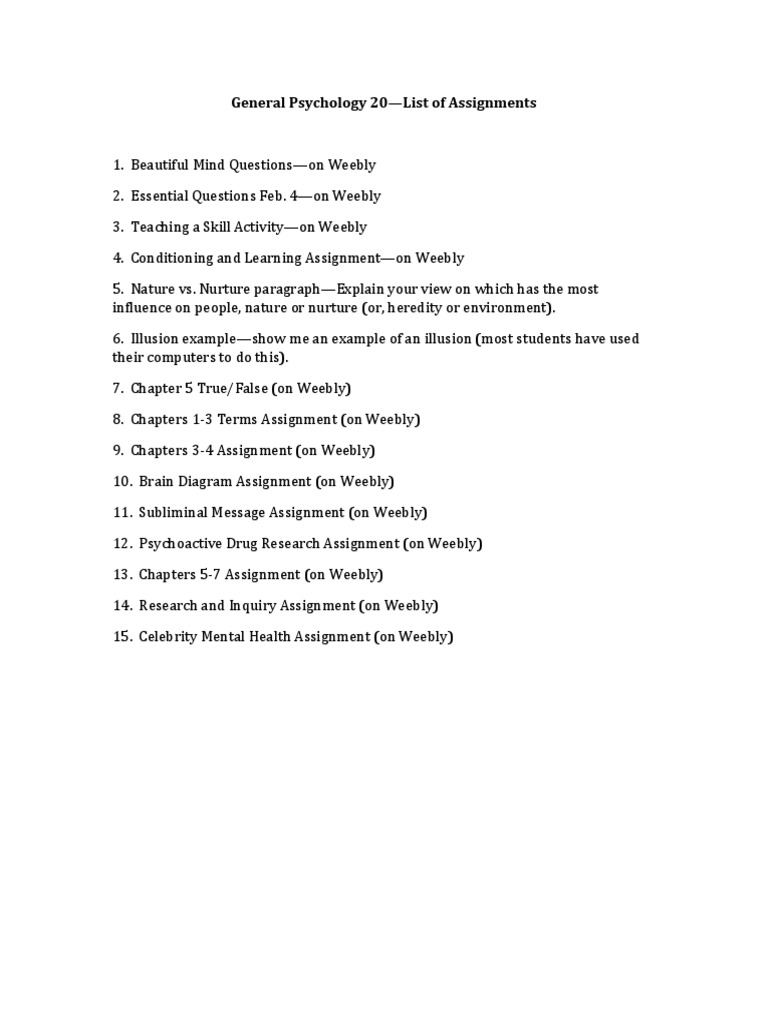 General Psychology 20list of Assignments | PDF
