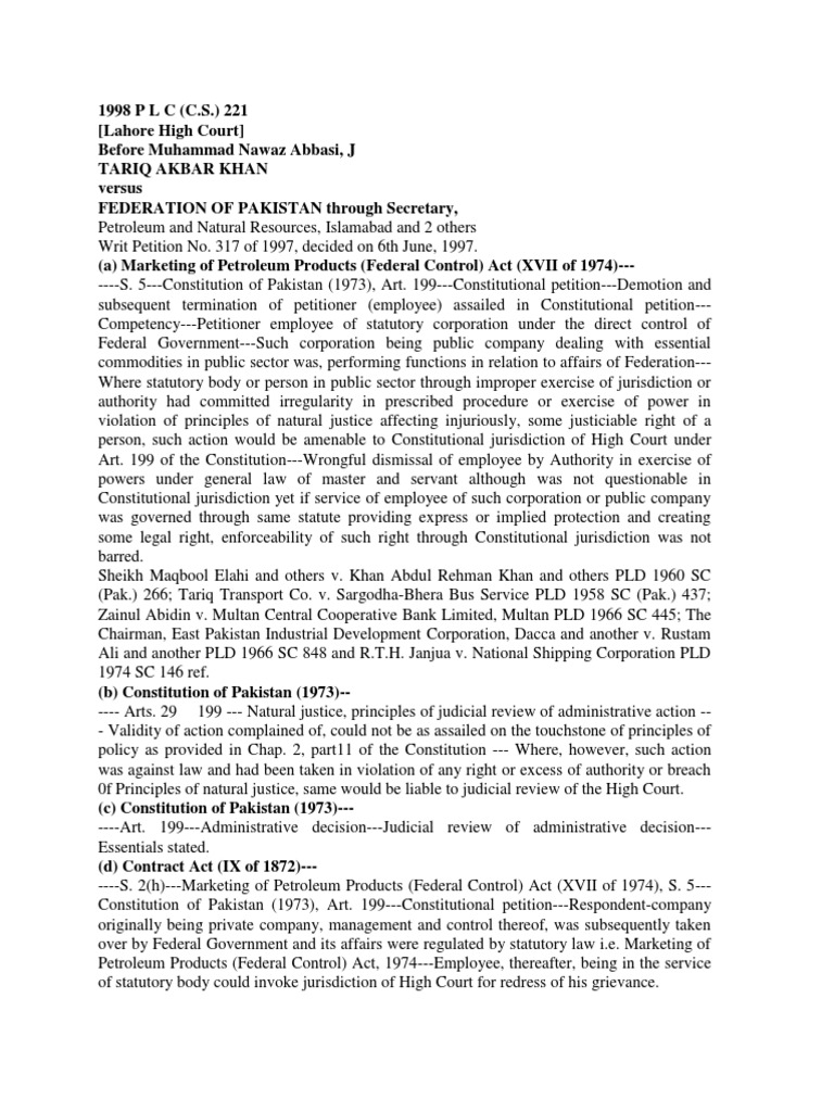 1998 P L C CS 221 - Constitutional Petition - Employee of Statutory ...