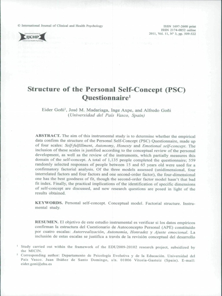 Structure of the Personal Self Concept Questionnaire | Psychometrics ...