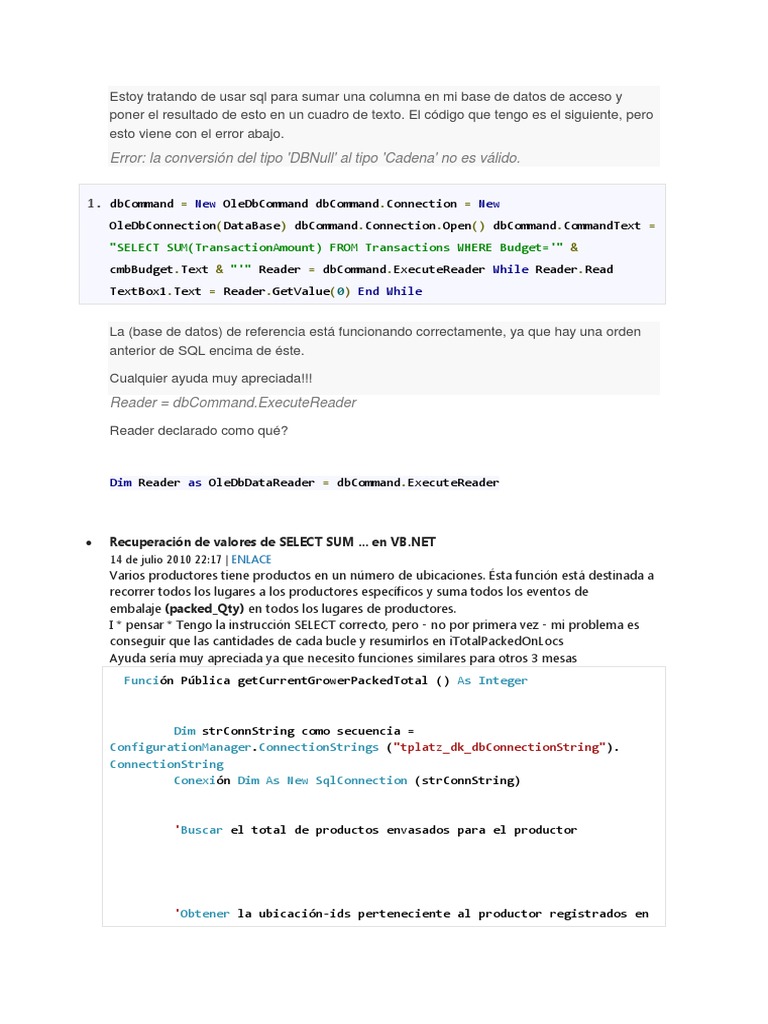 Estoy Tratando de Usar SQL para Sumar Una Columna en Mi Base de Datos de Acceso y Poner El ...