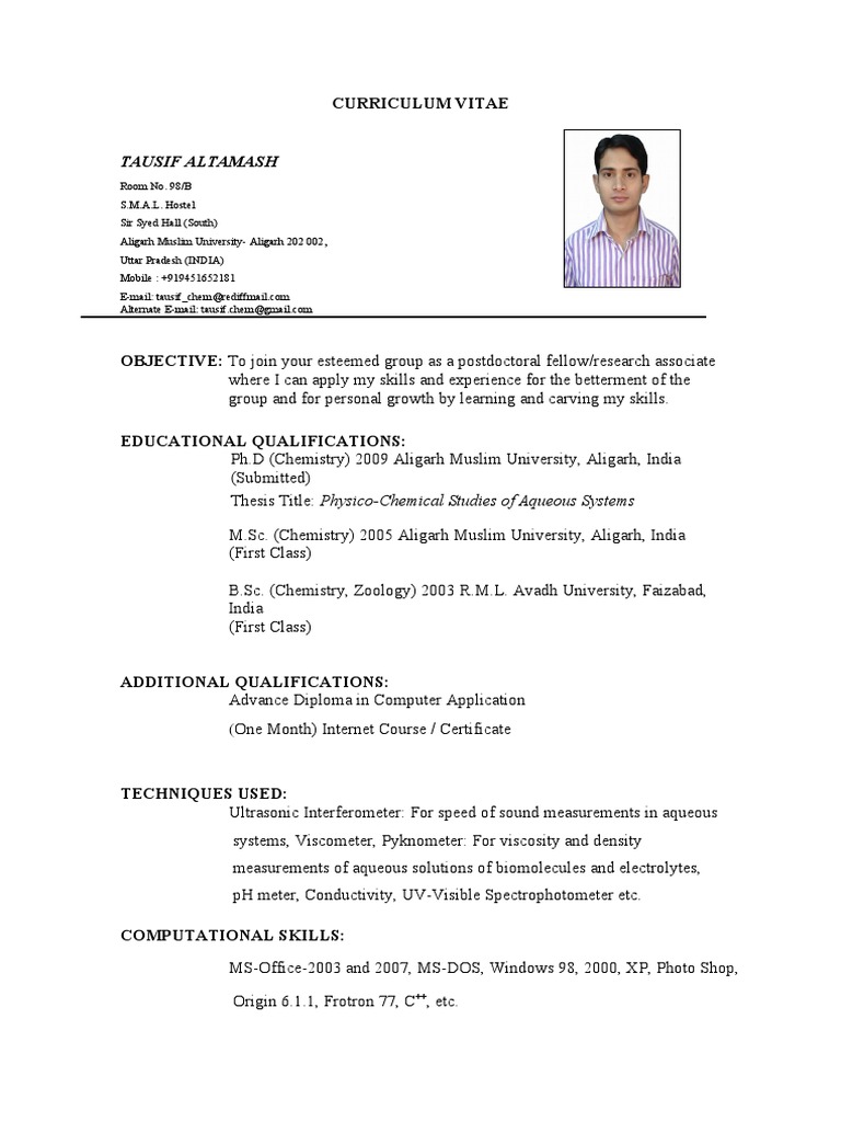 Tausif Altamash - CV | PDF | Ph | Chemistry