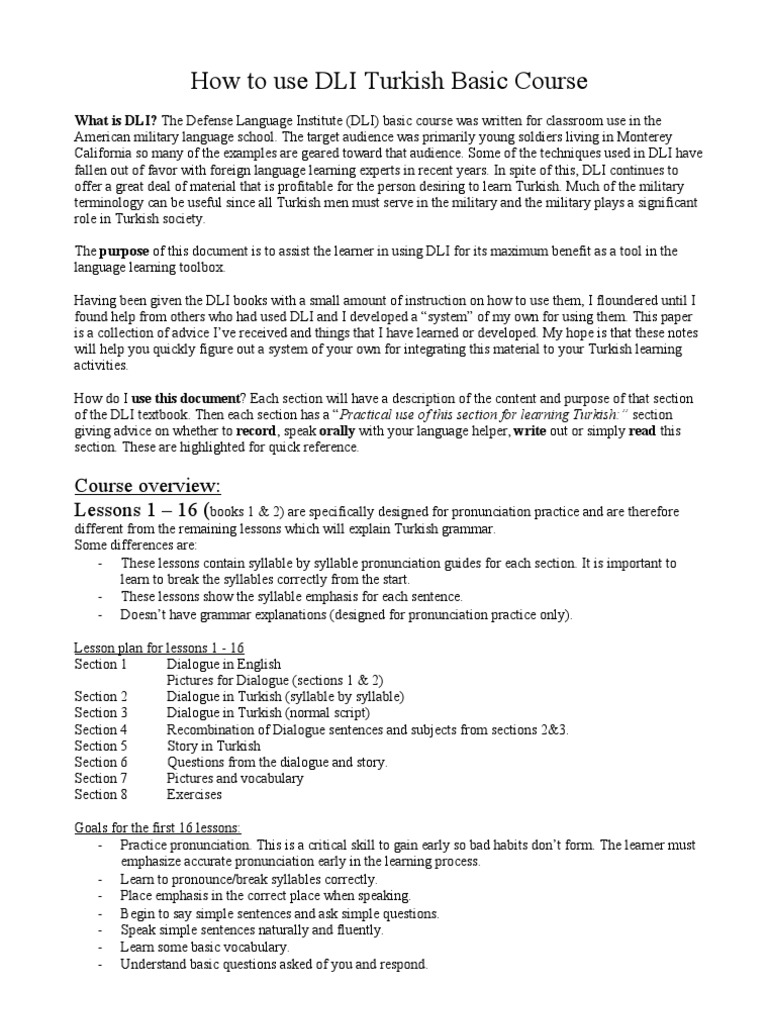 How To Use DLI Turkish Basic Course | PDF | English Language | Reading ...