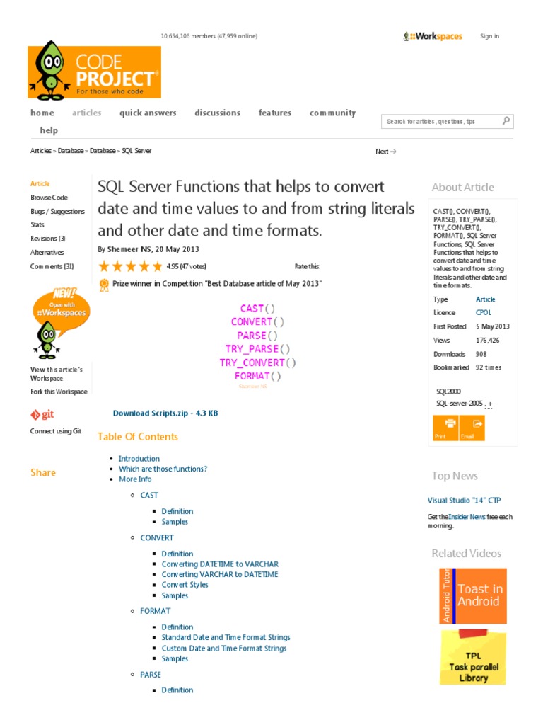 SQL Server Functions That Helps To Convert Date and Time Values To and From String Literals and ...