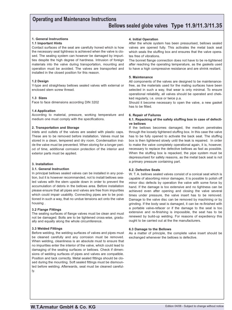 WTA Bellow Sealed Valve Maintenance | PDF | Valve | Gas Technologies