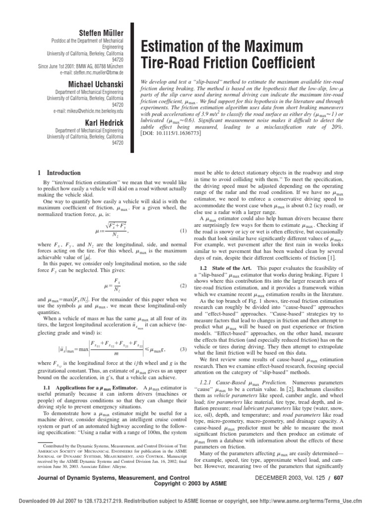 Tire-Road Friction Coefficient | PDF | Tire | Force
