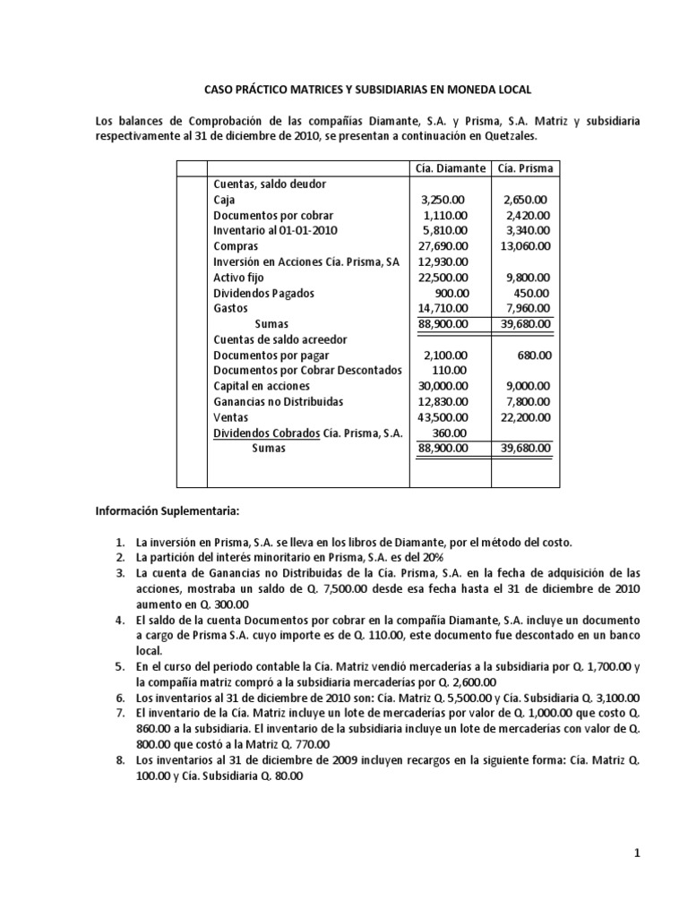 Caso Práctico Matrices y Subsidiarias en Moneda Local | PDF | Compartir ...