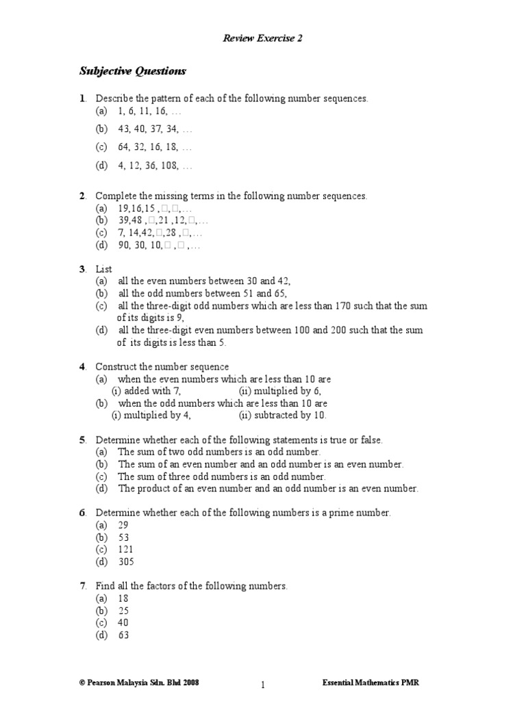 Subjective Questions: Review Exercise 2 | PDF | Numbers | Algebra