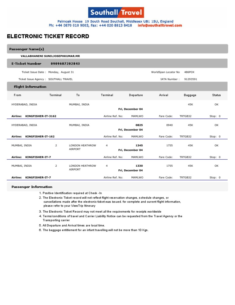E-Ticket Record for Flight Itinerary | PDF