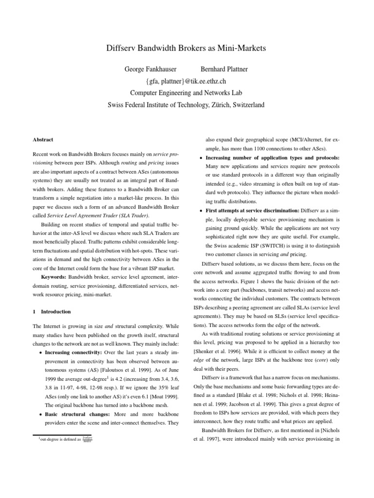 Diffserv Bandwidth Brokers As Mini-Markets | PDF | Routing | Service Level Agreement