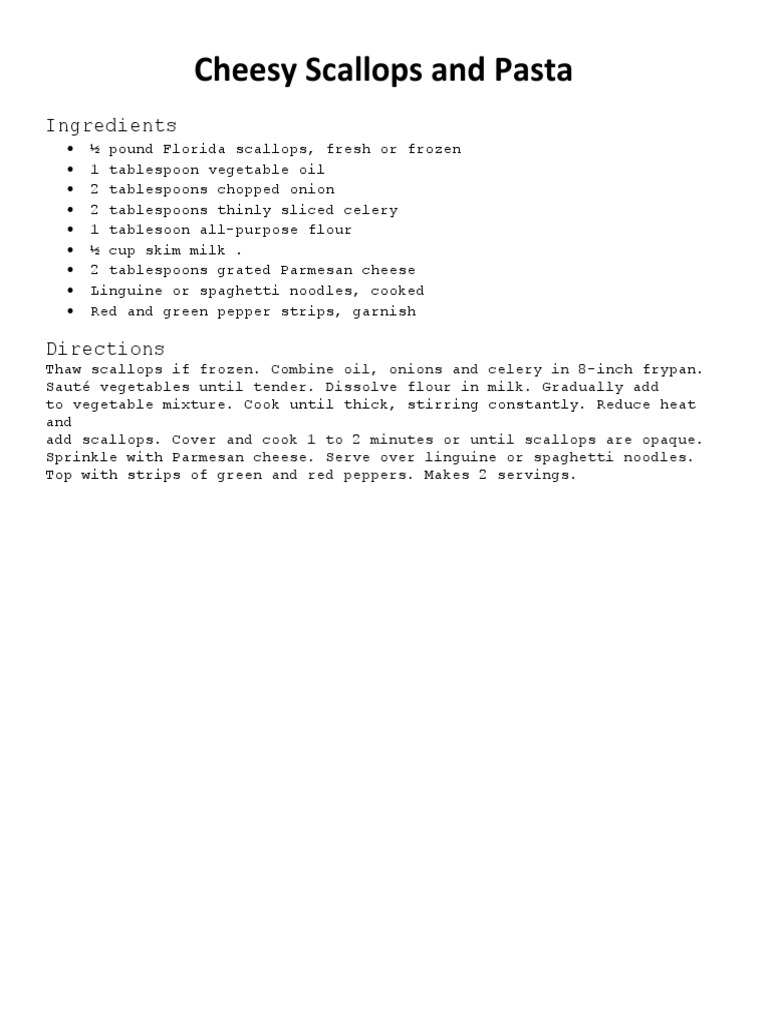 Cheesy Scallops Pasta Recipe | PDF | Cooking, Food & Wine | Technology ...