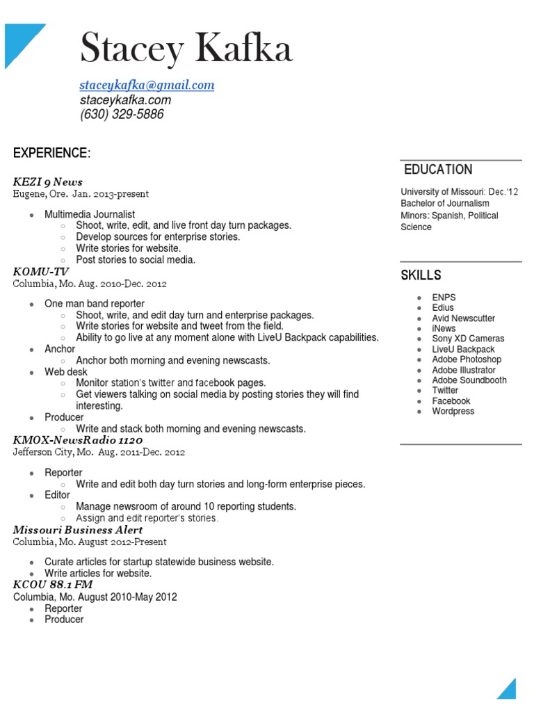 Stacey Kafka's Journalism Resume | PDF | Career & Growth | Business