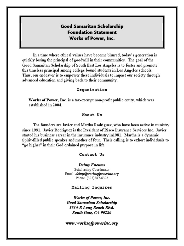 Good Samaritan Scholarship Foundation Statement Works of Power, Inc ...