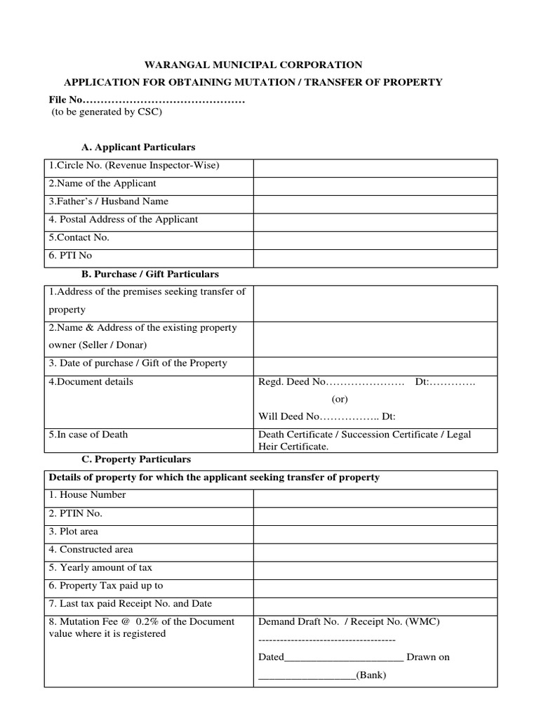 Application for Obtaining Mutation - Transfer of Property | Receipt | Deed