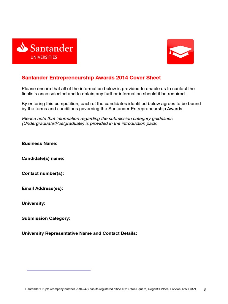 Santander Entrepreneurship Awards 2014 Form | PDF | Business