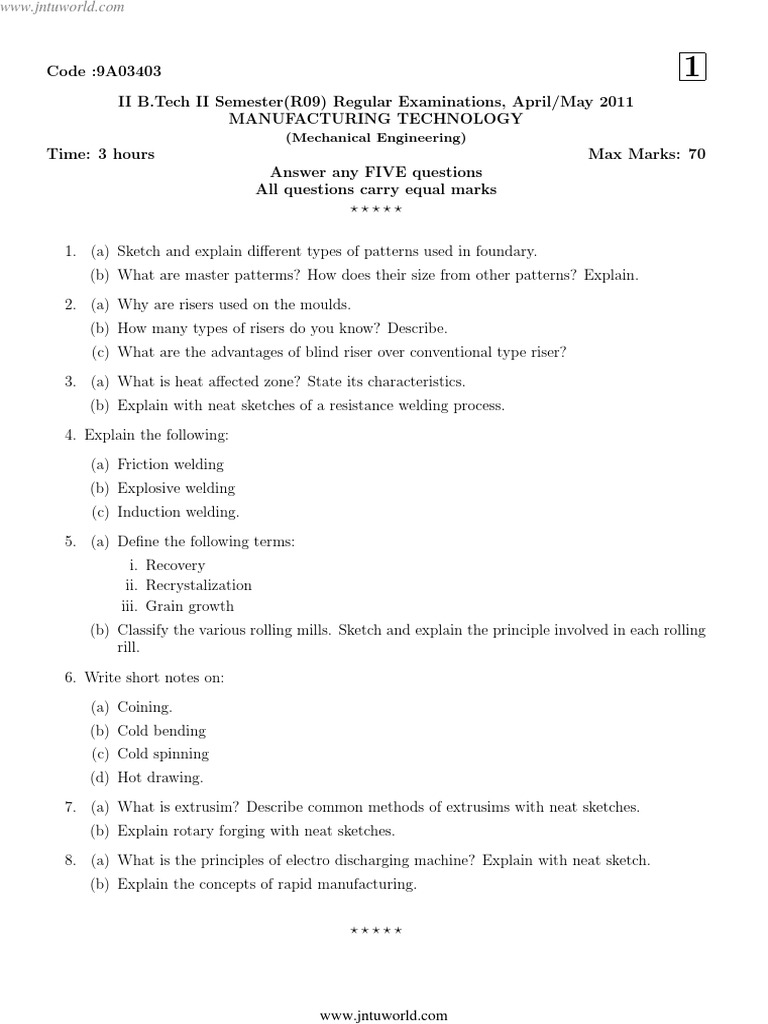 Manufacturing Technology Question Papers of Jntua | PDF | Casting ...