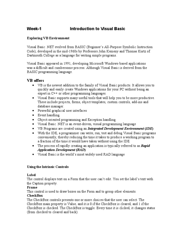 Week-1-2-3 Introd To Visual Basic | PDF | Basic | Subroutine