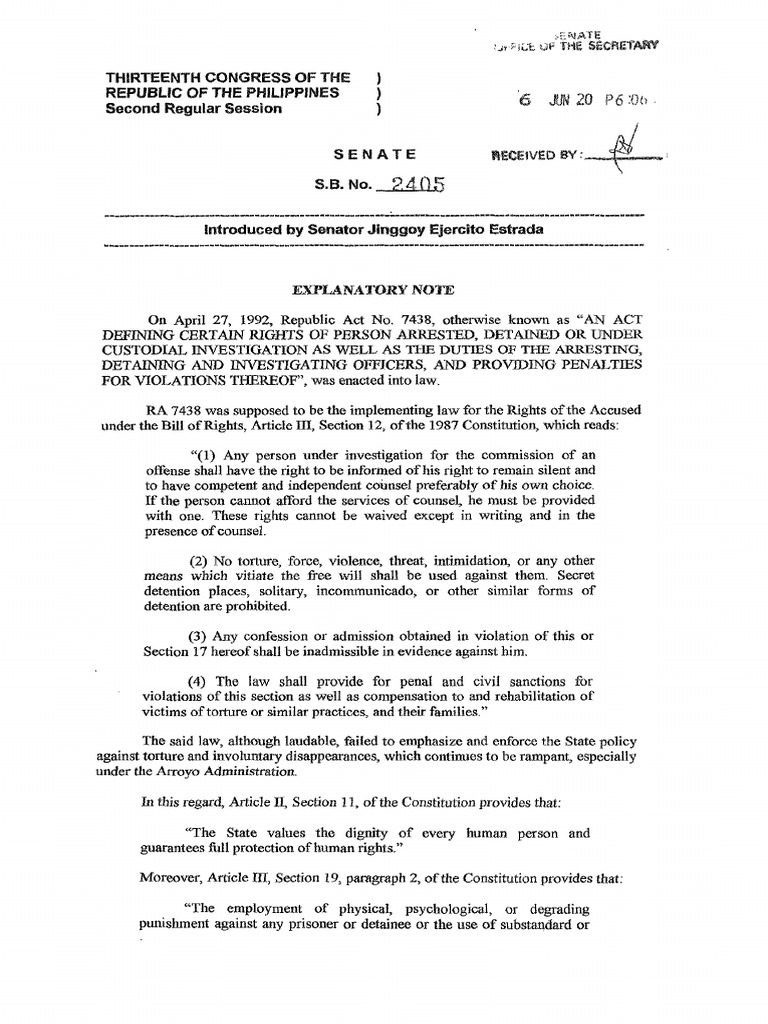 Republic Act 7438 Senate Explanatory Note | PDF | Right To Silence ...