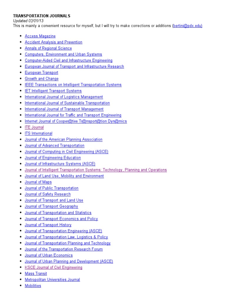 Comprehensive List of Transportation Journals | PDF | Academic Journal ...