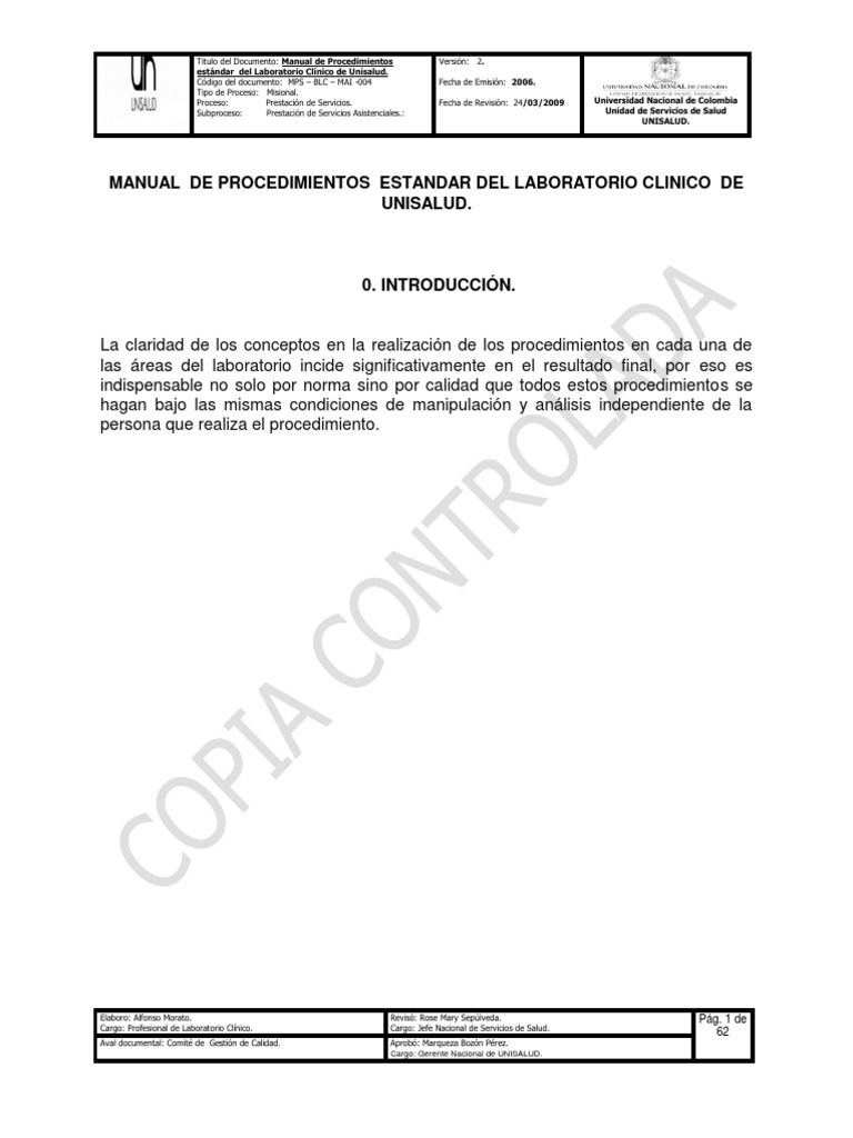 Manual de Procedimientos Estandar Del Laboratorio Clinico | Laboratorios | Calidad (comercial)