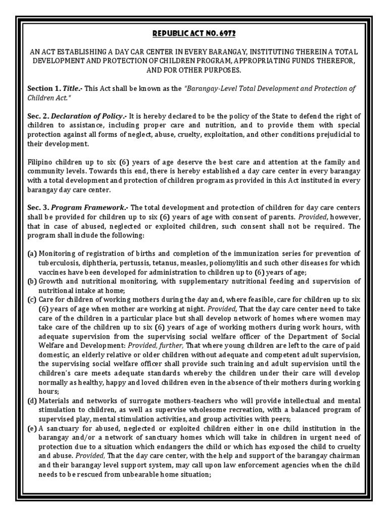 Republic Act 6972 (Day Care)[1] | Day Care | Welfare