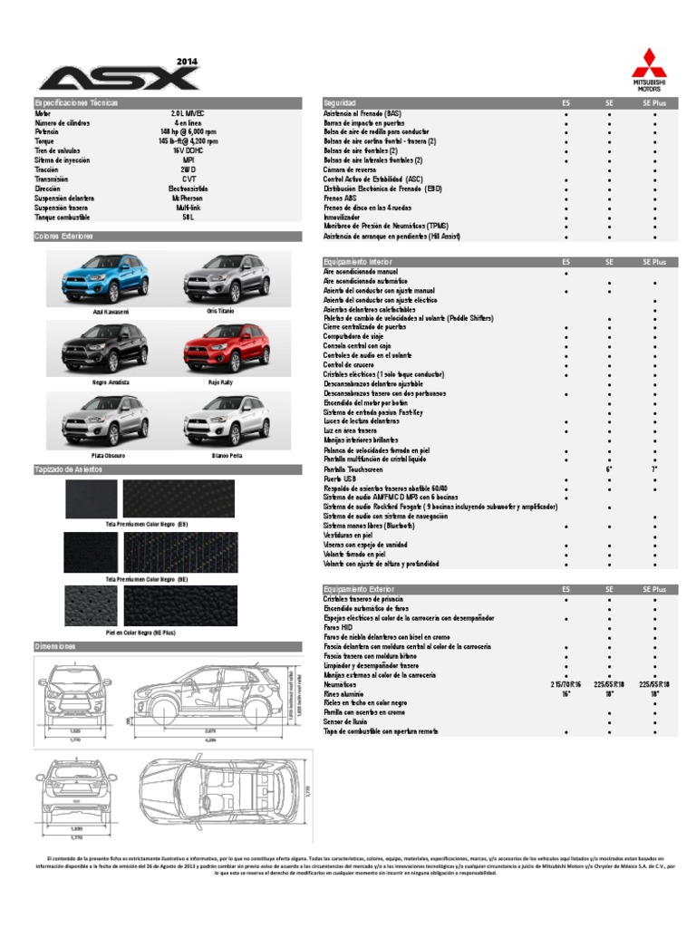 Ficha Técnica Mitsubishi ASX 2014MY | Airbag | Transmisión (Mecánica)