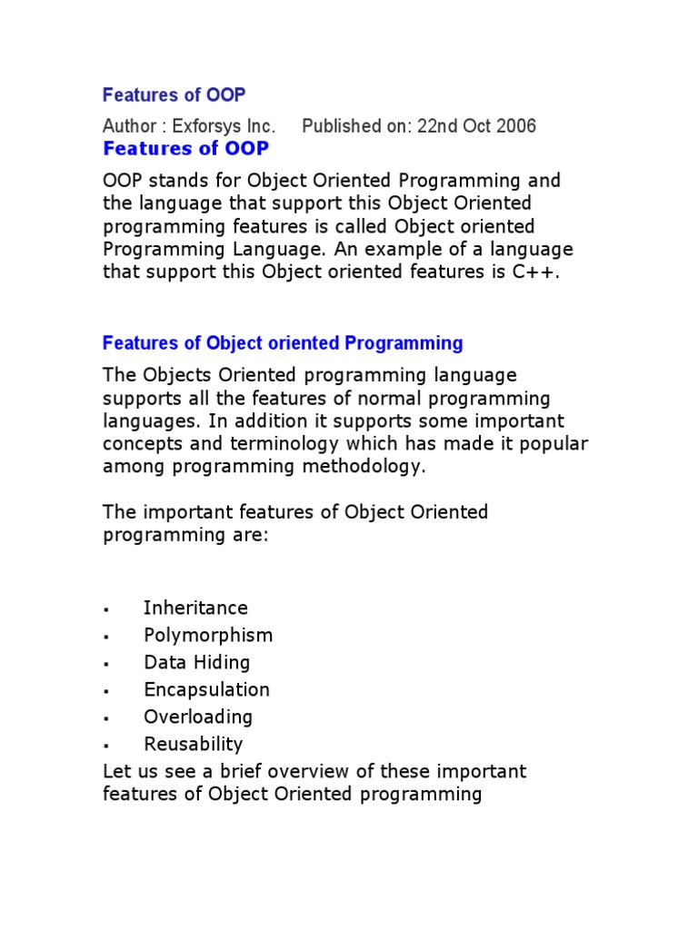 Features of OOP | PDF | Object Oriented Programming | Object (Computer ...