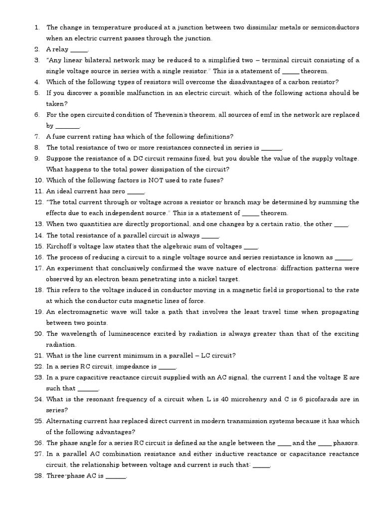 Electrical Circuits Questionnaire | PDF | Alternating Current ...