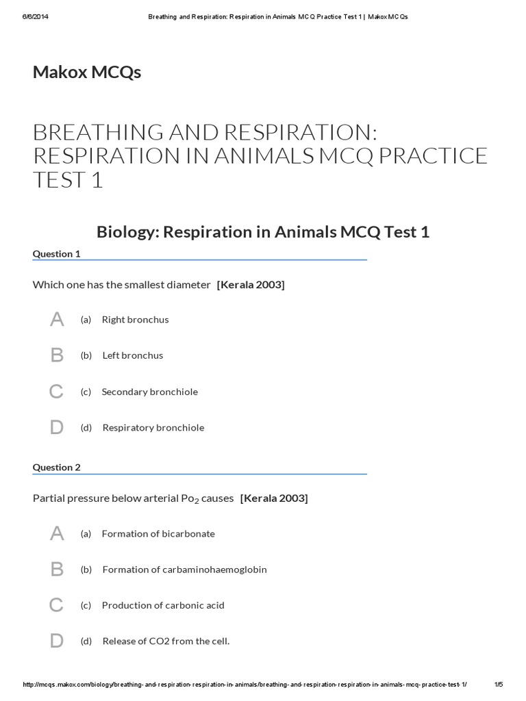 Respiration in Animals MCQ Practice Test | PDF | Respiratory System ...